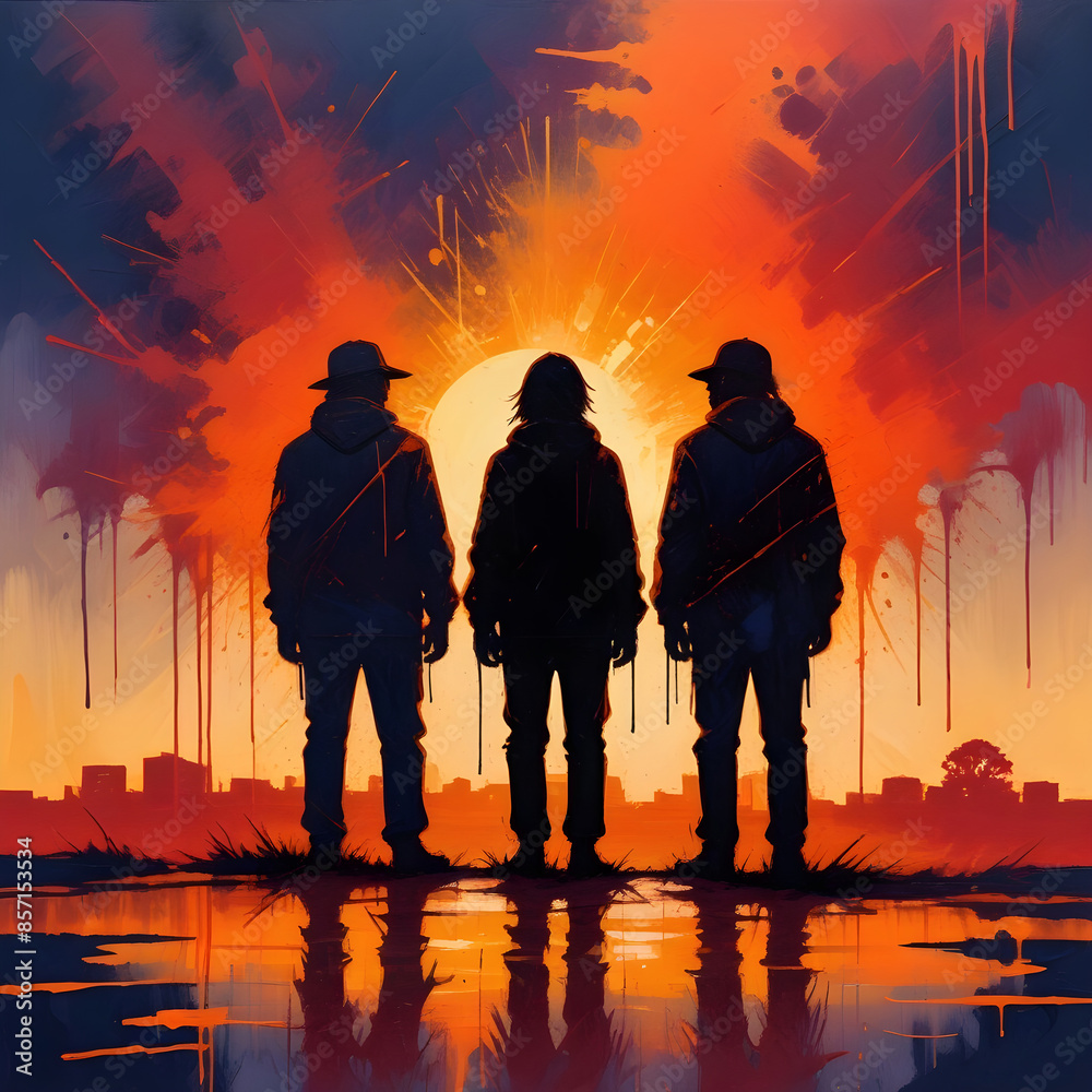 Abstract oil painting: gritty background with silhouettes against ...