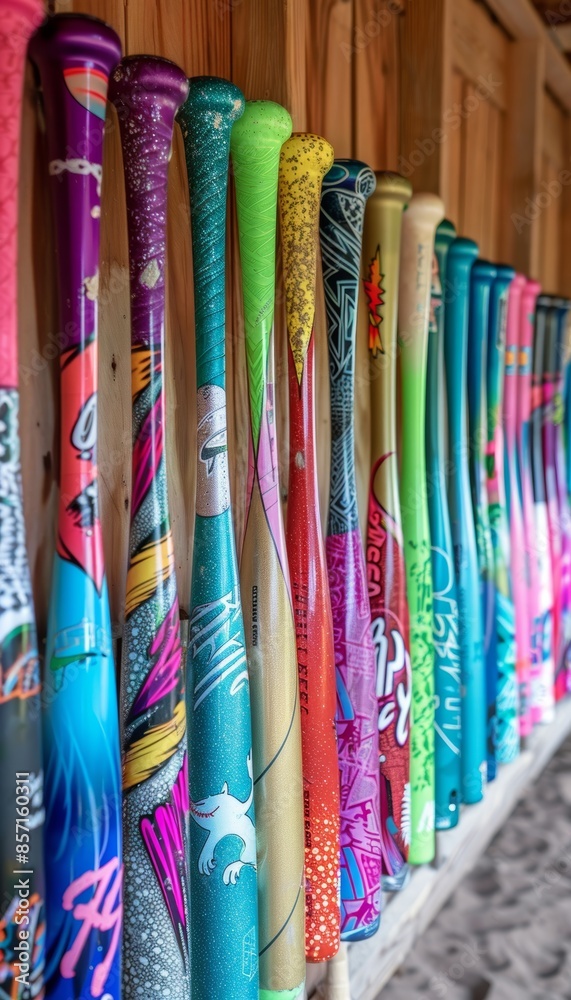 Colorful Softball Bats Lined Up Against Dugout Wall for Team Practice ...