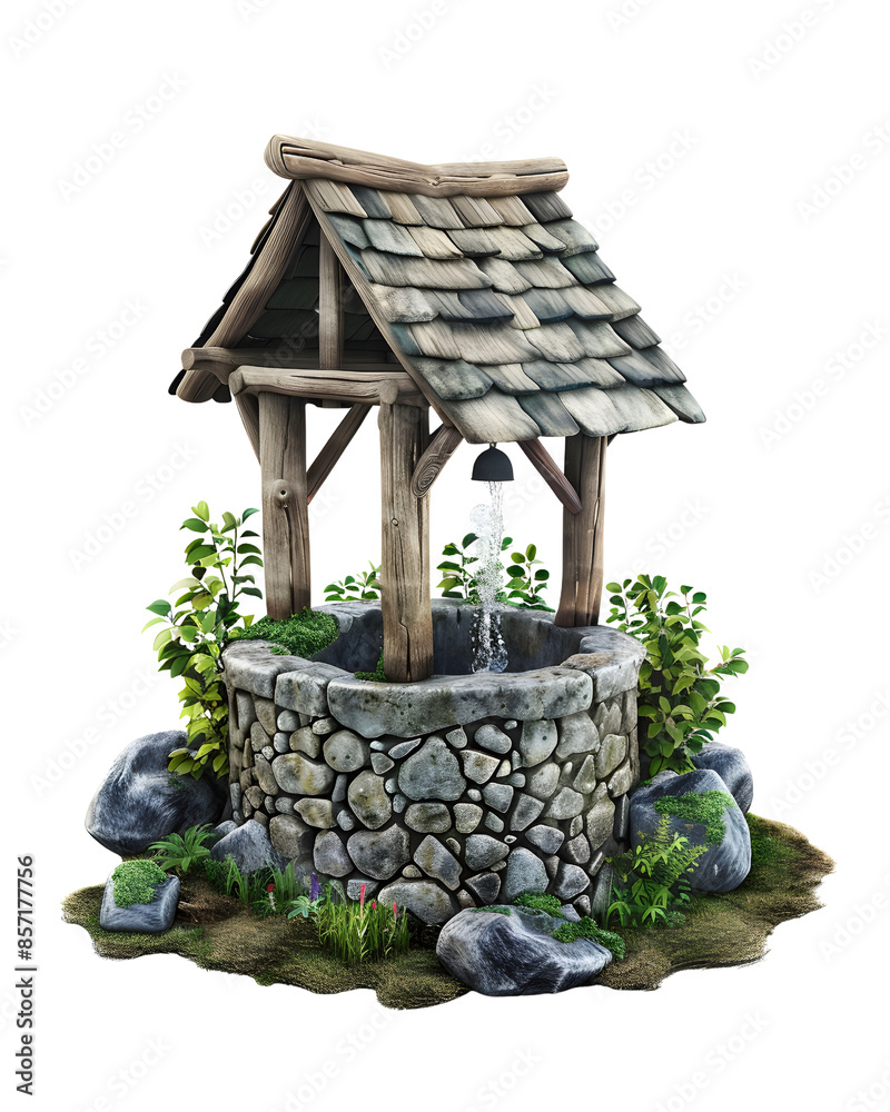 A rustic wooden well with a stone well house and water flowing out. The ...