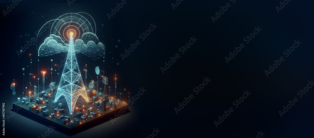 Antenna transmission communication tower ,5G mobile data towers, Radio signals waves and light ...
