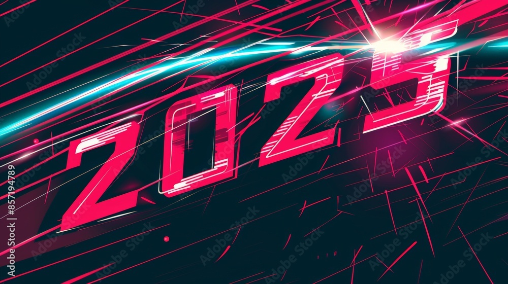 Dynamic digital art featuring the year "2025" with abstract neon lines ...