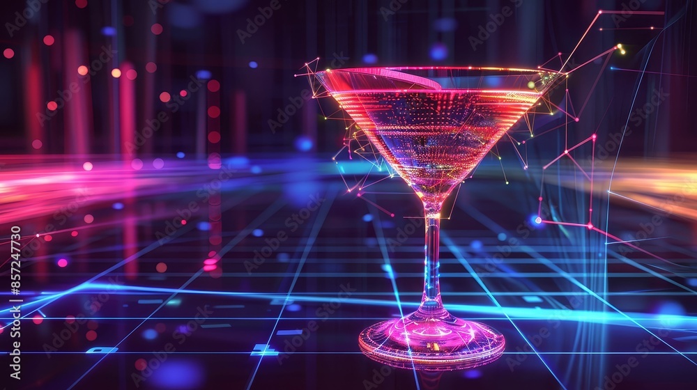 Digital hologram of a perfectly crafted cocktail, glowing lines and ...