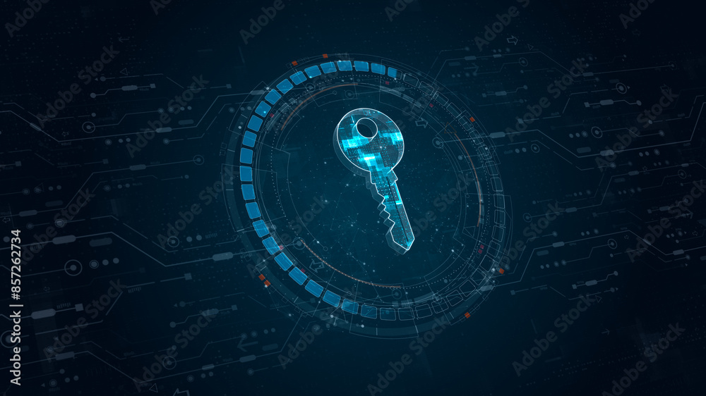 Blue digital security key logo and circle futuristic HUD elements with ...