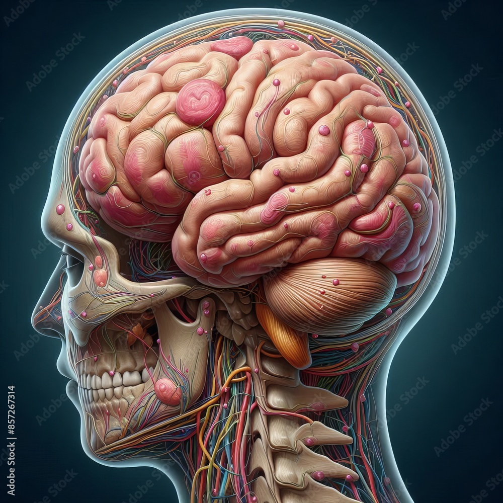 Stock-Foto „Detailed brain & skull illustration: cross-section reveals ...