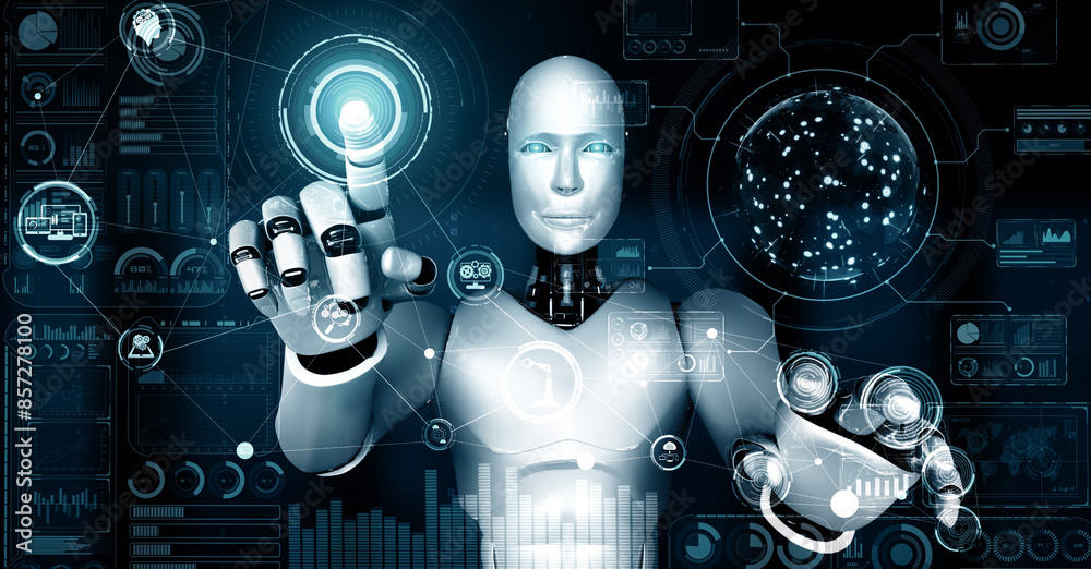 MLP 3d illustration AI hominoid robot touching virtual hologram screen ...