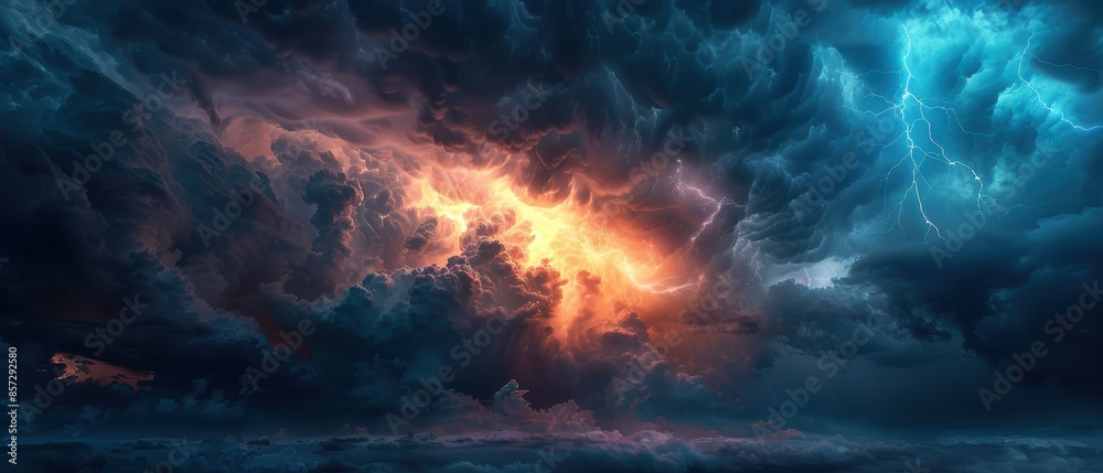 Dramatic sky with dark storm clouds and a single lightning bolt ...