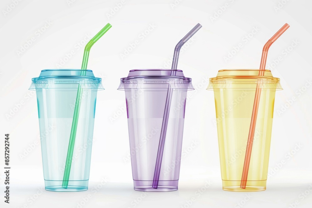Realistic 3d transparent plastic disposable cup with straw mockup set on white background ...