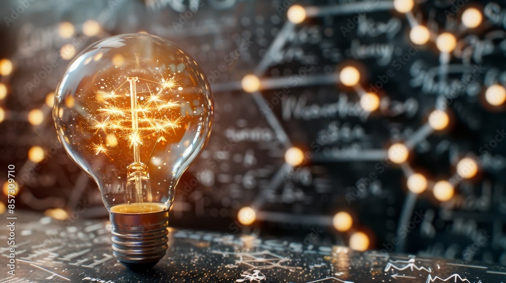 Glowing lamp symbolizing scientific thought among physics and math ...