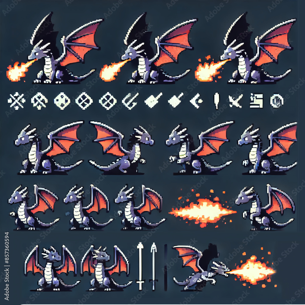 Pixel art sprite sheet featuring a dragon with wide wings Stock ...