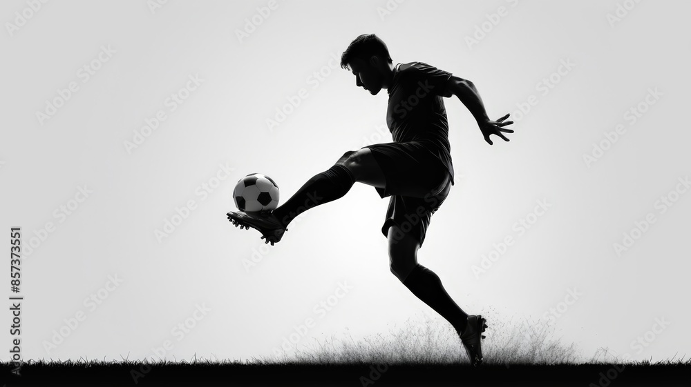 Black and white silhouette of a football player kicking the ball on a ...