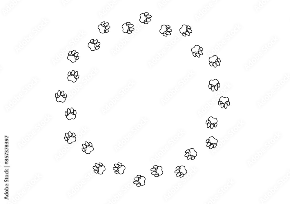 Circular frame with contoured pet paw print. Black silhouette pathway ...