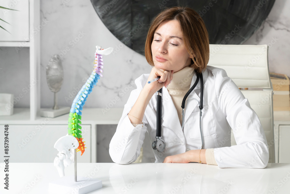 Young attractive female doctor orthopedist demonstrating the problem on ...