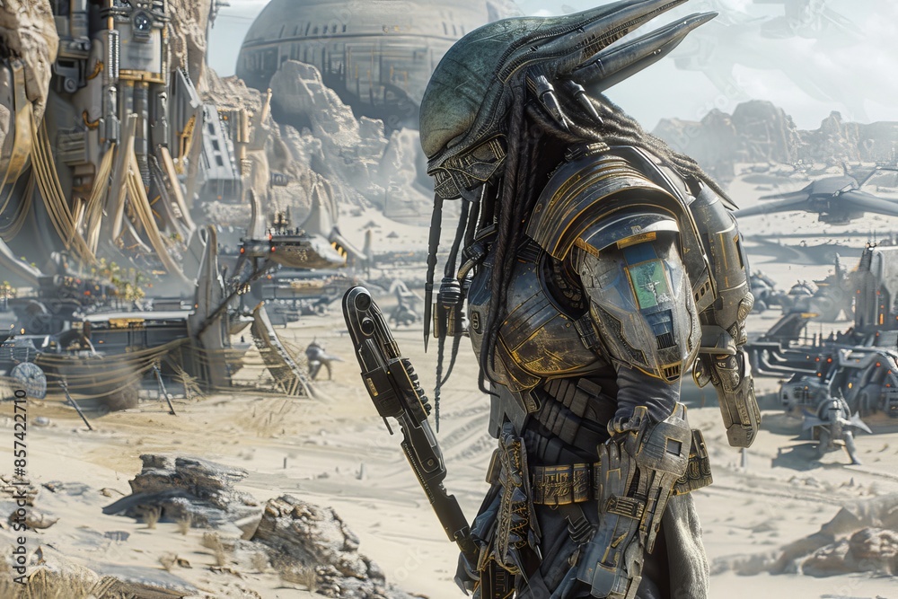 Futuristic alien warrior in advanced armor, standing in a sci-fi desert ...