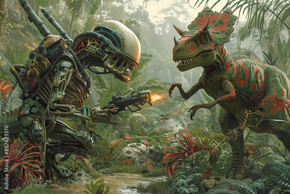 Futuristic combat between a robotic soldier and a dinosaur in a lush ...