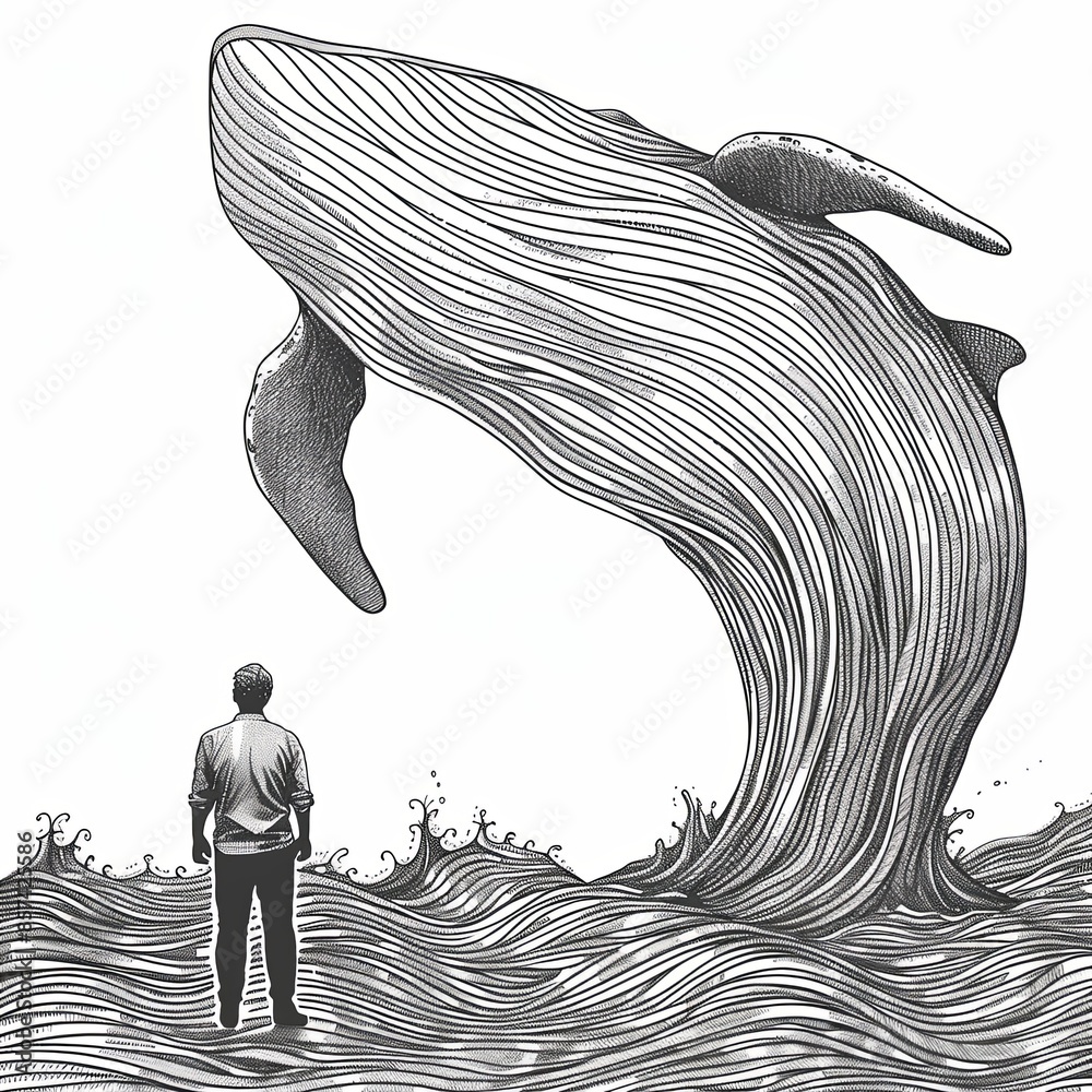A man watches a whale fly over the surface of the sea. A mystical ...