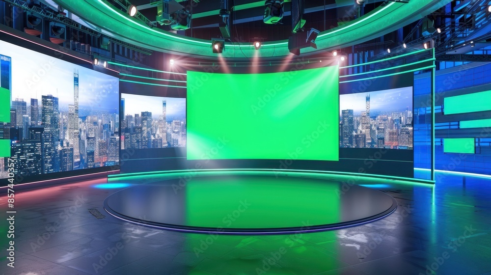 A television studio stage with a green screen in the center and screens ...