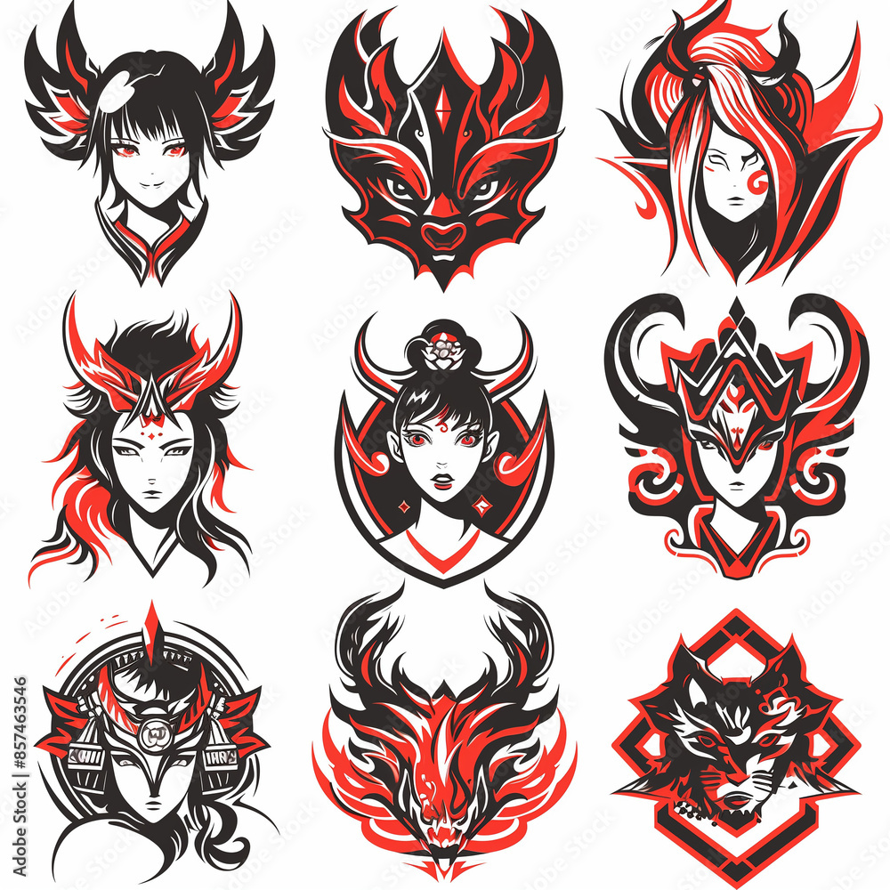 9 different logos for an adult coloring book brand in anime style ...