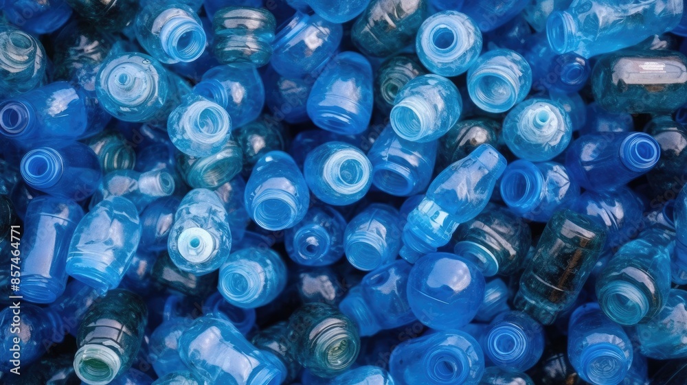 Pile of crushed plastic bottles in blue tones. Piles of water bottles ...