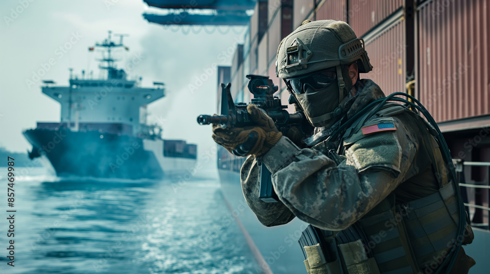 Observe the alert stance of a soldier in military attire, safeguarding ...