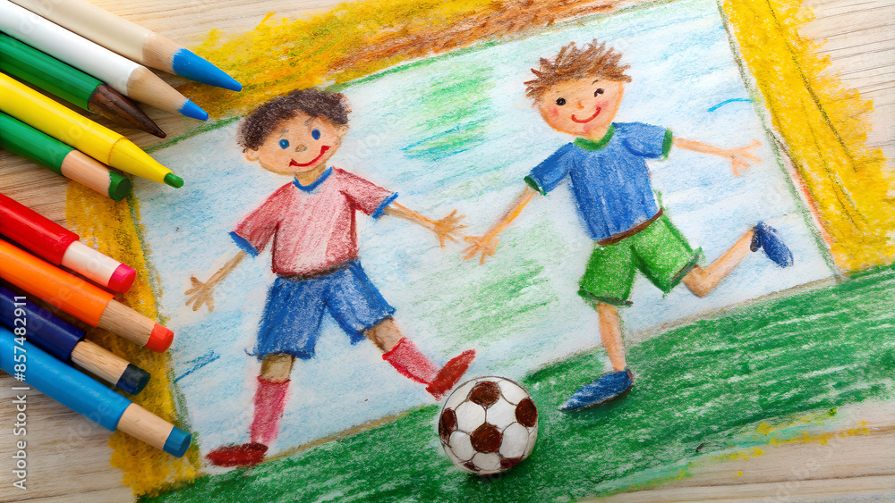 children's drawing with wax crayons of football players playing in the ...