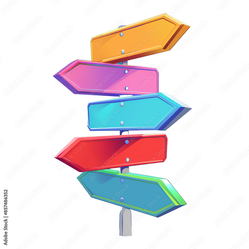 This is a cartoon image of a signpost with six signs pointing in ...