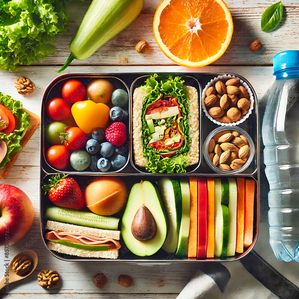 Lunch box filled with a variety of healthy foods including vegetables ...