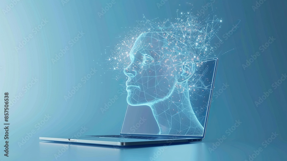 Futuristic AI concept with a digital human face emerging from a laptop ...