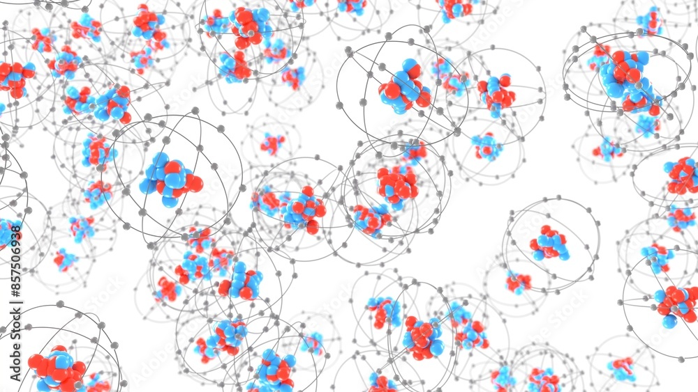 multiple atomic particles on movement and rotation in 3d representation ...