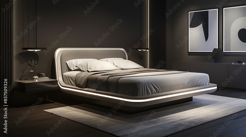 modernist bed frame with integrated nightlights and sleek lines, set in ...