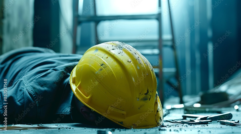 Dramatic safety concept photo showing a fallen worker with a yellow ...