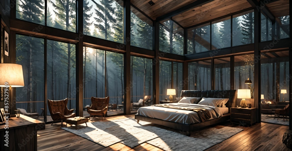 interior of modern cabin bed room in secluded forest woods. interior ...