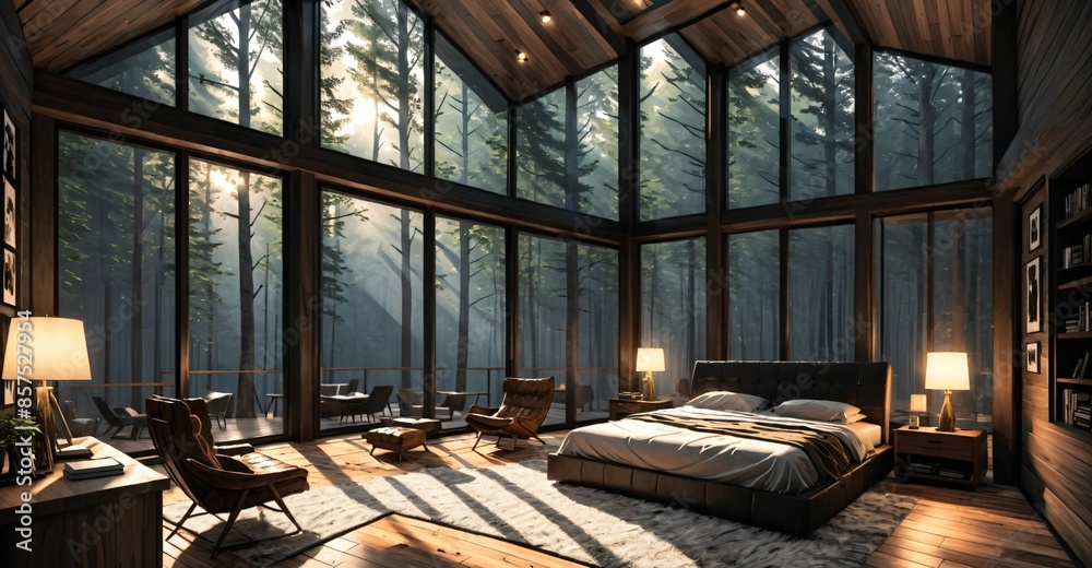 interior of modern cabin bed room in secluded forest woods. interior ...
