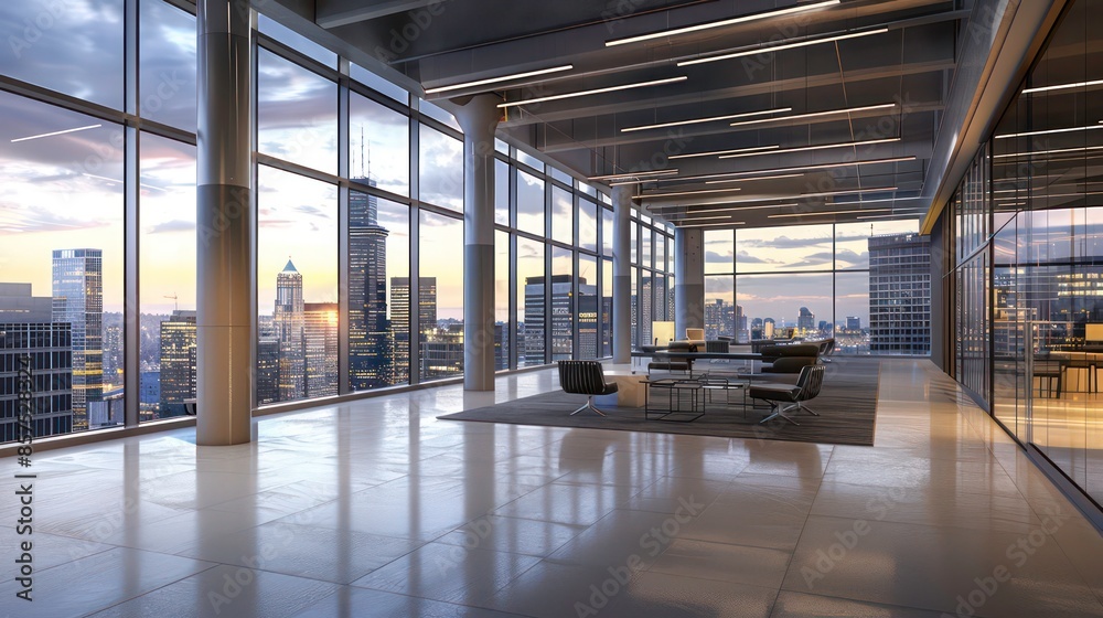 The interior of a modern office building with large windows looking out ...