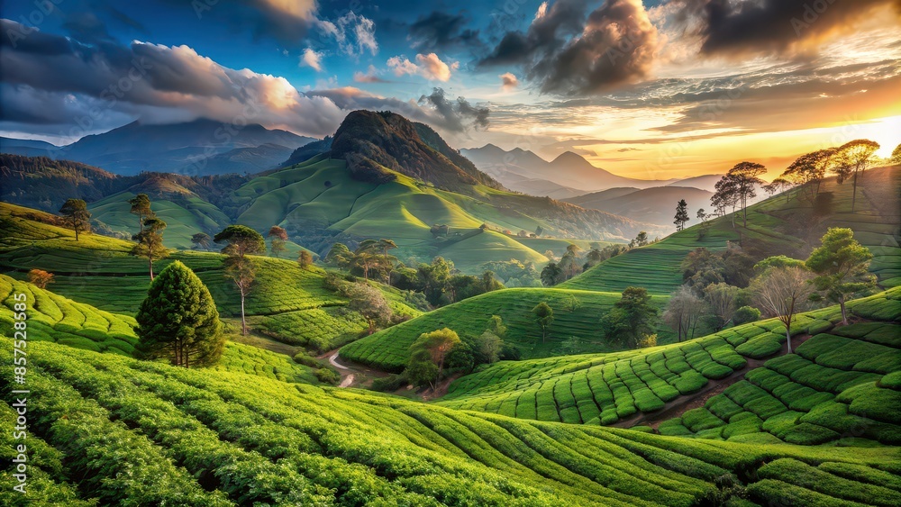 Tea plantation fields with mountain scenery in Sri Lanka , Tea plants ...