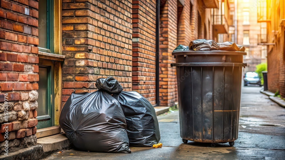 Full garbage bag next to overflowing trash can in city alleyway, waste ...