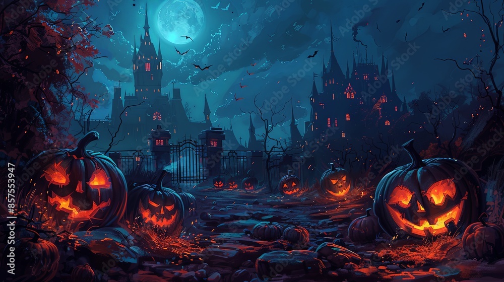A creepy pathway lined with glowing pumpkins leads to a spooky castle under a blue moon. Eerie ...