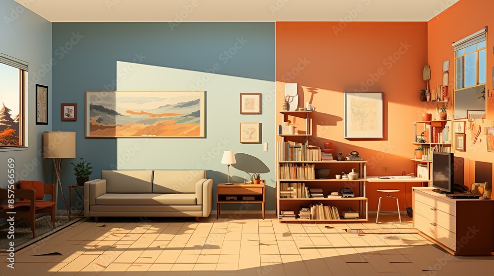 A split image of a messy, disorganized room on one side and a clean ...