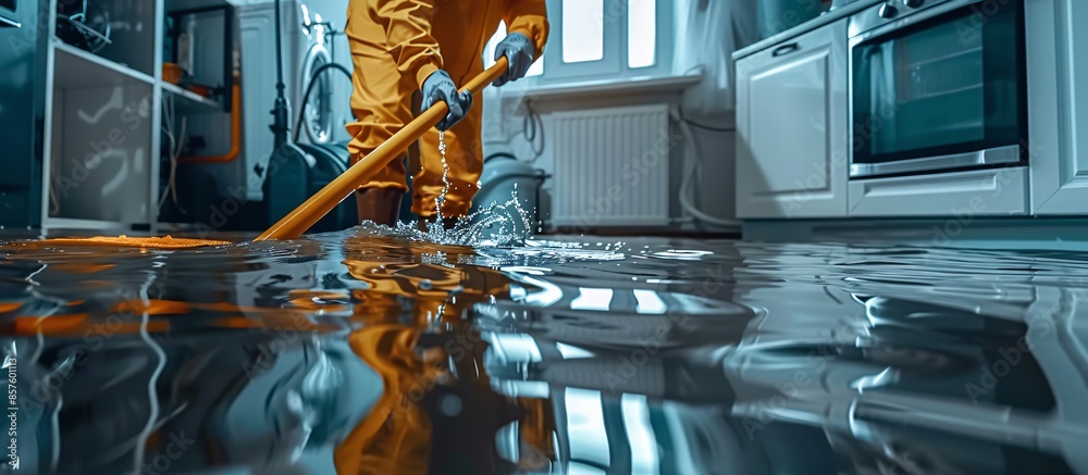 Mopping up deep floodwater in basement after leak, emergency ...