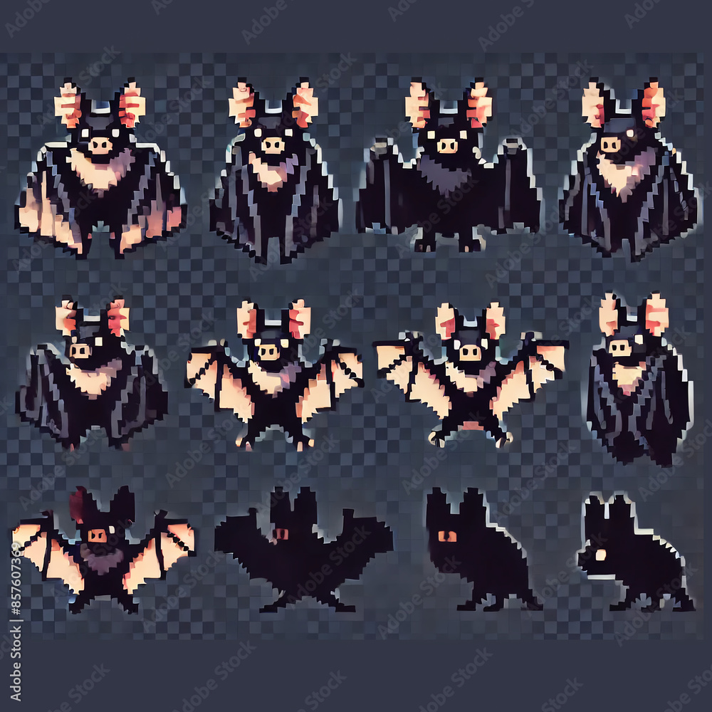 Detailed pixel art sprite sheet featuring various giant bats Stock ...