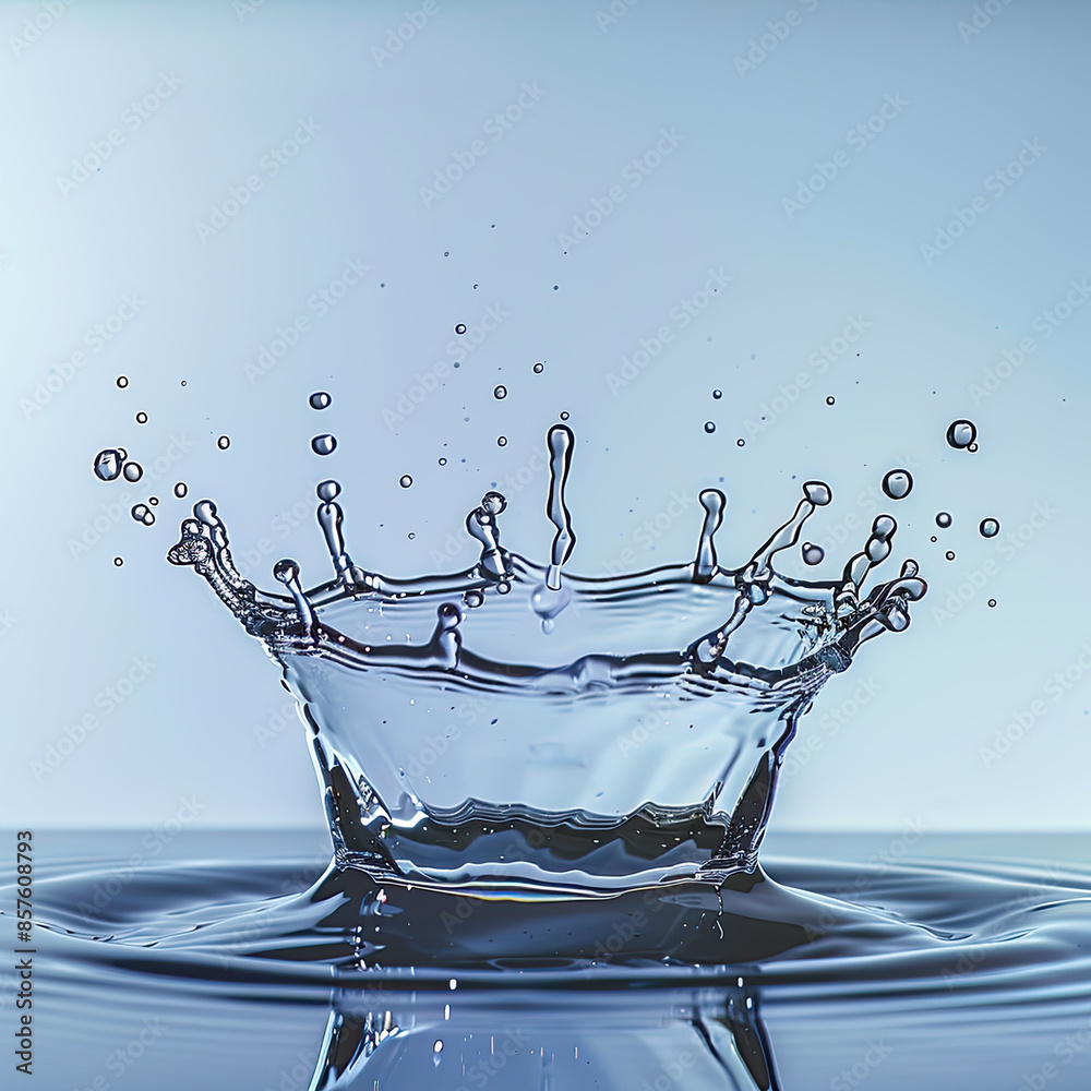 Sharp water droplet crown splash, blue-white gradient background, high ...