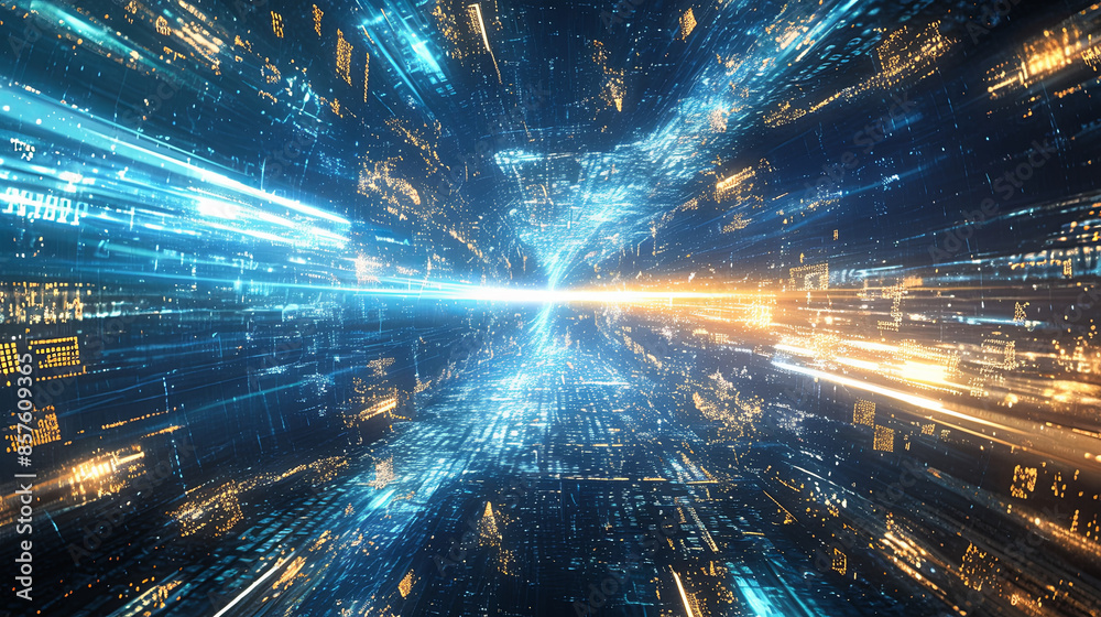 Digital Technology Background with Blue and Orange Lights, Glowing Data ...