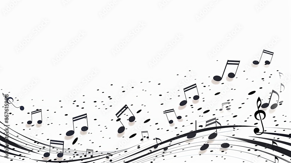 This image depicts abstract black music notes and symbols flowing ...