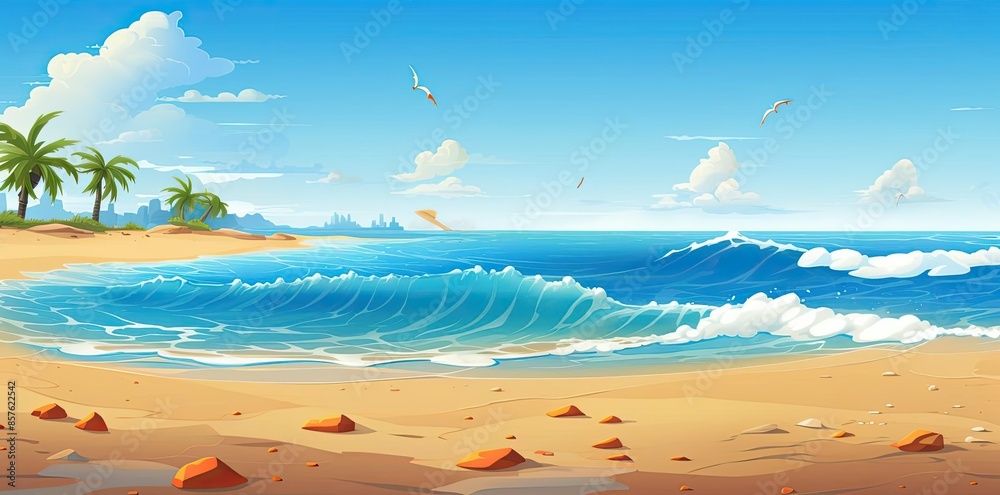 beach cartoon background, background, soft waves, beach, ocean, waves ...