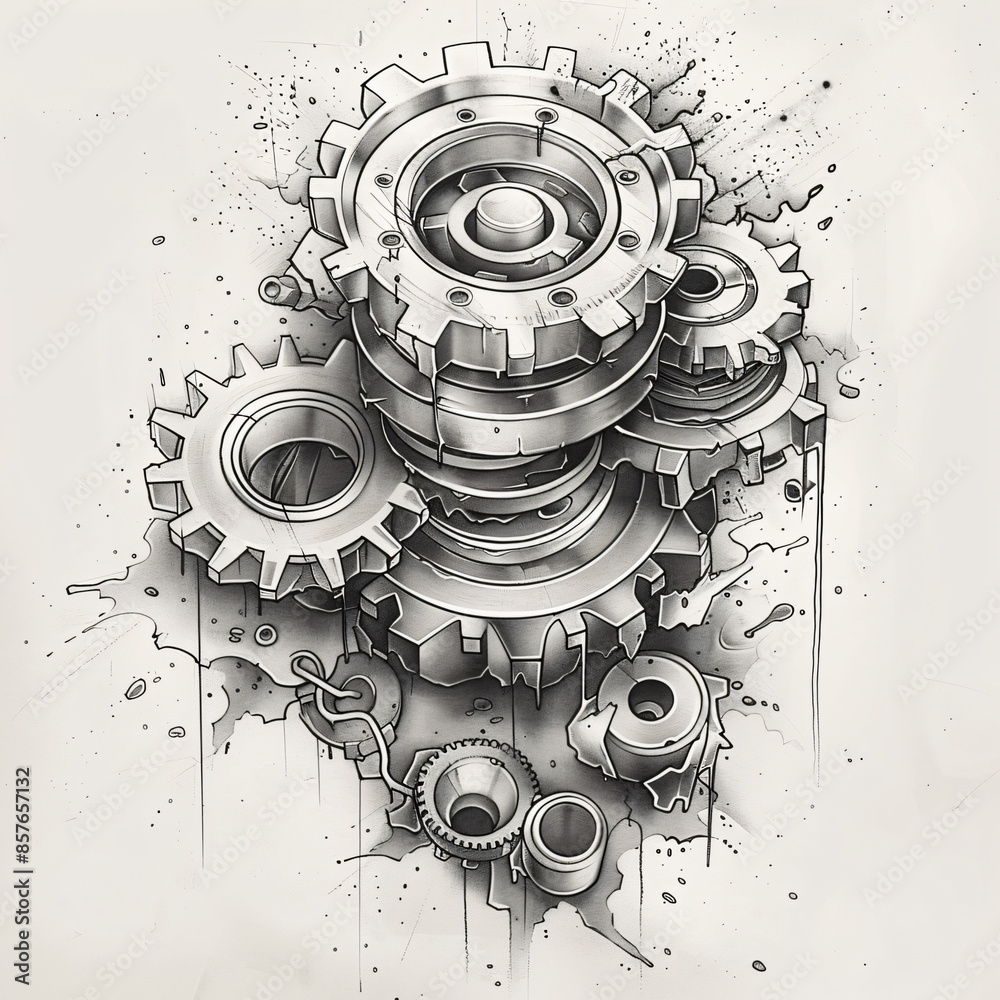 The tattoo design sketch of gears and pistons with black pencil wall ...