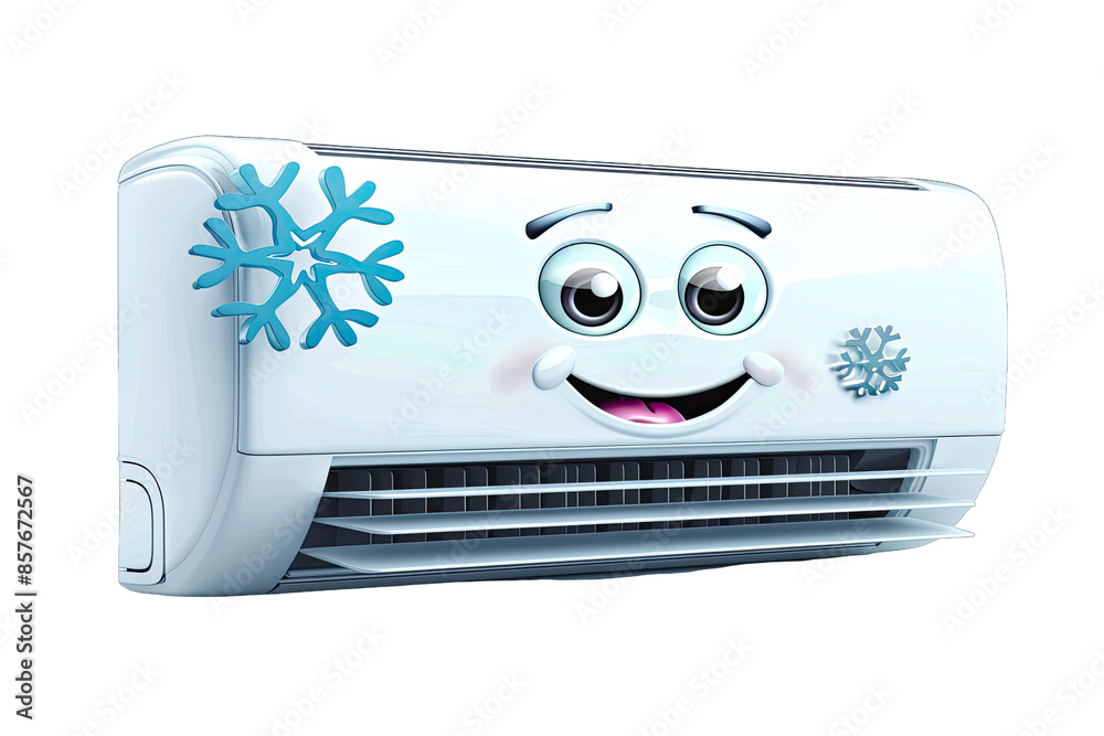 Cartoon air conditioner with happy face and snowflakes, representing ...