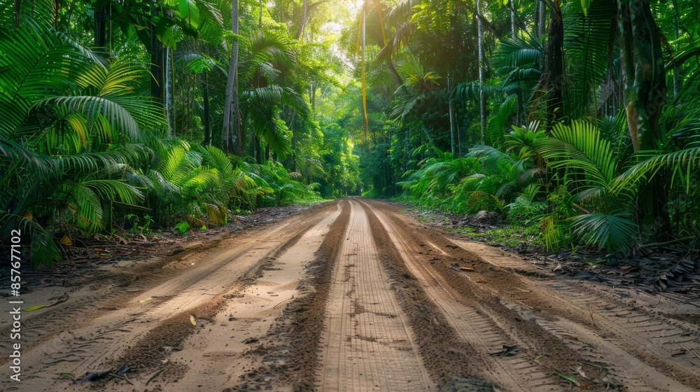 Sandy road with wheel tracks, first-person view from a 4x4 in a jungle ...