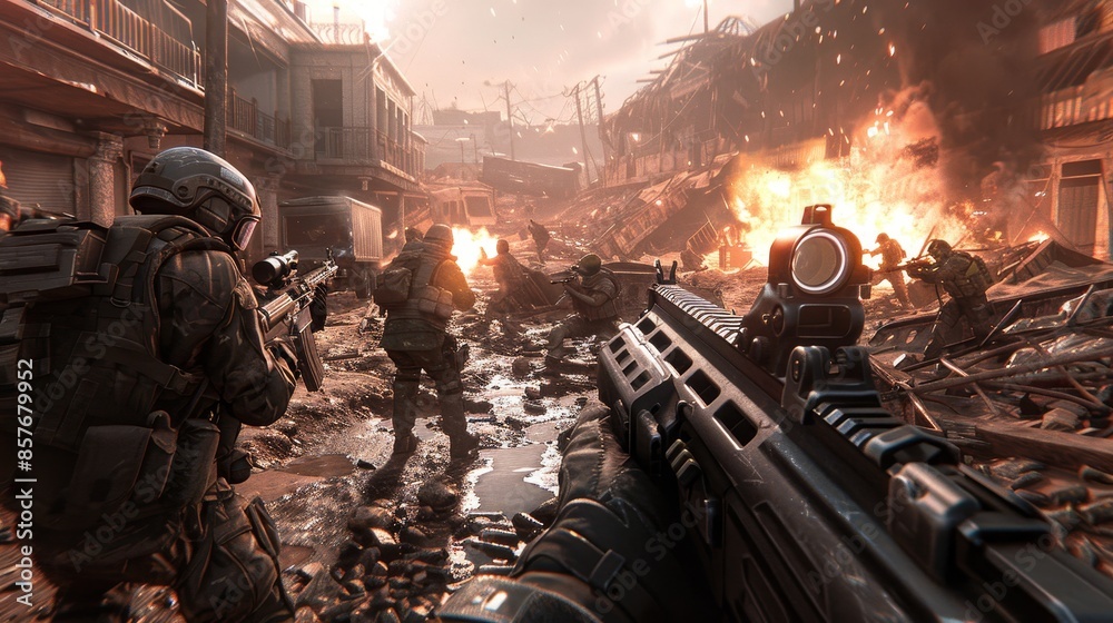 First-person view in an action shooter video game, chaotic battlefield ...