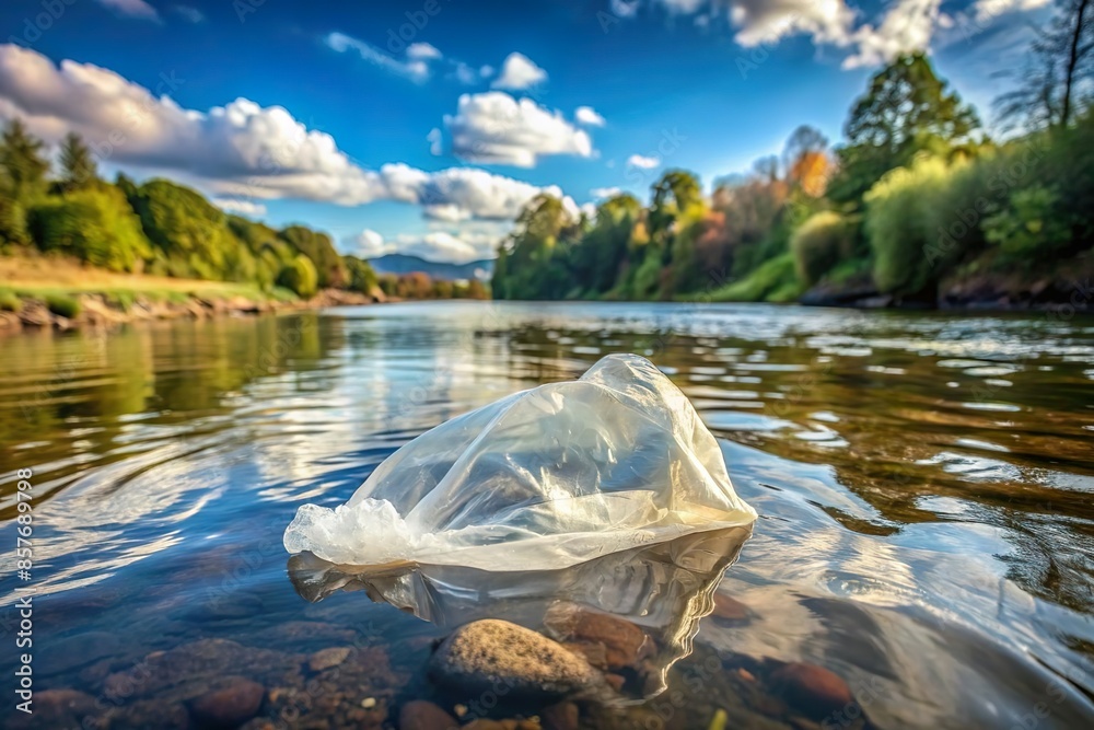 plastic bag float on river. Water pollution from trash in nature Stock ...