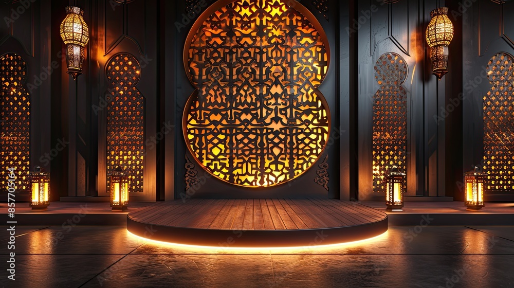 arabic podium stage with hanging lanterns and decorative patterns in ...