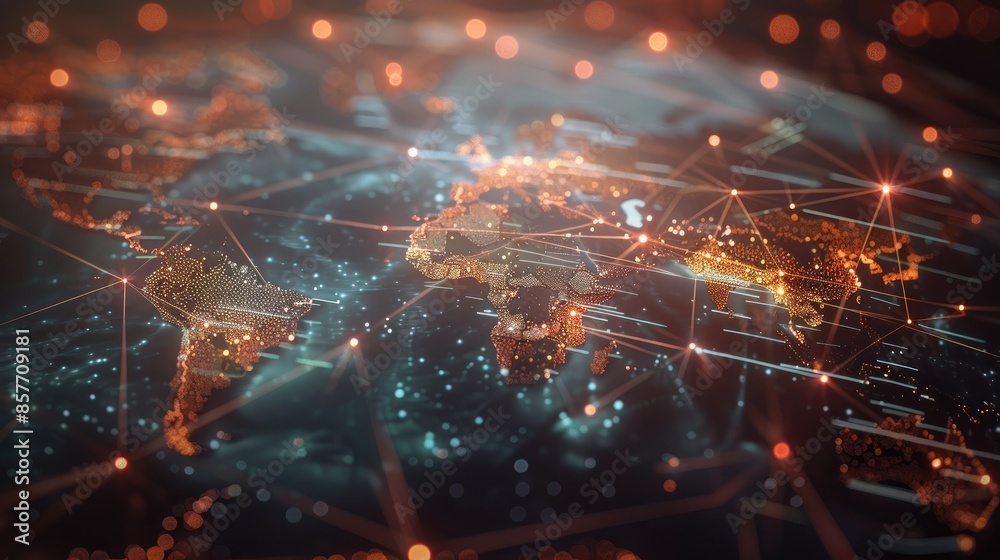 Abstract world map with network nodes and connecting lines, symbolizing ...